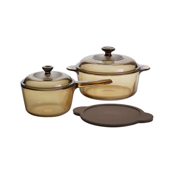 Visions Pans Set of Spouted Glass Saucepan Pot with Lids